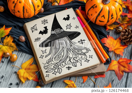 Open sketchbook showing a halloween witch...のイラスト素材 [126174468] - PIXTA