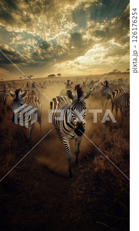Zebras running in dust storm at sunset.のイラスト素材 [126176254] - PIXTA