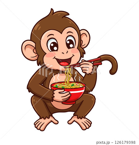 Cartoon monkey eating ramen with chopsticks...のイラスト素材 [126179398] - PIXTA