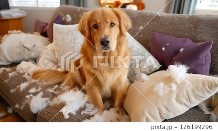 Golden dog creates mess on couch with feathers...のイラスト素材 [126199296 ...