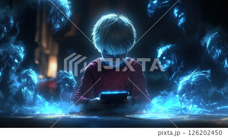 Surrounded by digital demons, an 8-year-old boy...のイラスト素材 [126202450 ...