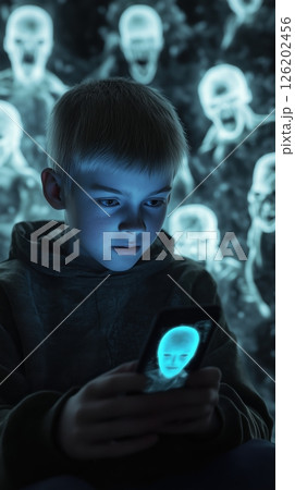 Surrounded by digital demons, a young boy...のイラスト素材 [126202456] - PIXTA