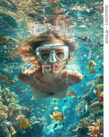 Woman gracefully diving into clear turquoise...のイラスト素材 [126203992] - PIXTA