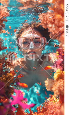 Woman gracefully diving into turquoise waters...のイラスト素材 [126203995] - PIXTA