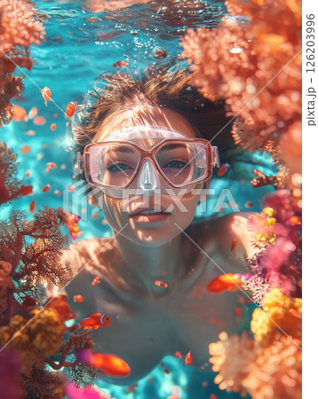 Woman diving gracefully into clear turquoise...のイラスト素材 [126203996] - PIXTA
