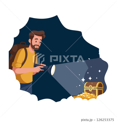 Man Discovering Treasure Chest with Flashlight...のイラスト素材 [126253375 ...