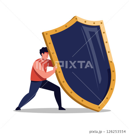 Man pushing large blue and gold medieval shield...のイラスト素材 [126253554 ...