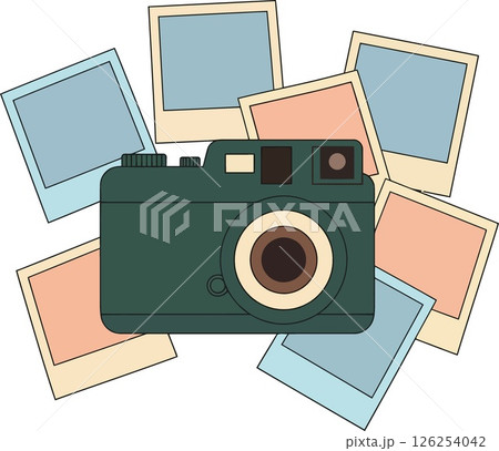 Vintage camera with scattered photo frames...のイラスト素材 [126254042] - PIXTA