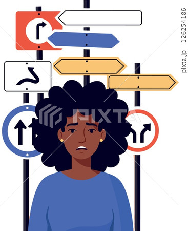 Confused woman with multiple directional road...のイラスト素材 [126254186] - PIXTA