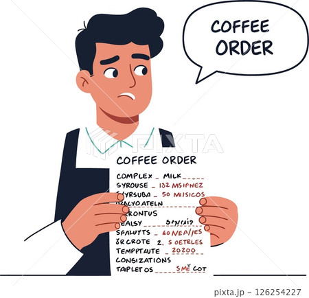 Man holding complex coffee order list with...のイラスト素材 [126254227] - PIXTA