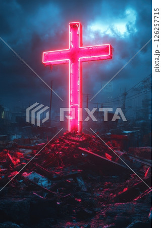 Post-apocalyptic scene neon cross shining on...のイラスト素材 [126257715] - PIXTA
