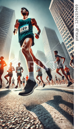 A dramatic low-angle shot of marathon runners...のイラスト素材 [126283469] - PIXTA