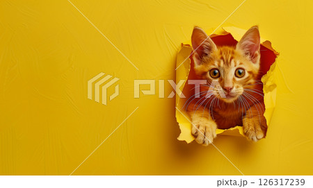 red cat breaking through yellow paper hole,...のイラスト素材 [126317239] - PIXTA
