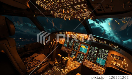 The cockpit of a plane is lit up with bright...のイラスト素材 [126331262] - PIXTA