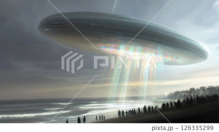 Alien mothership floating above quiet coastal...のイラスト素材 [126335299] - PIXTA