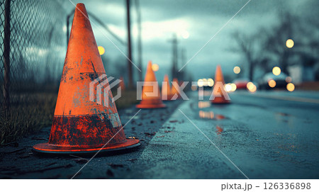 Row of weathered orange traffic cones on wet...のイラスト素材 [126336898] - PIXTA