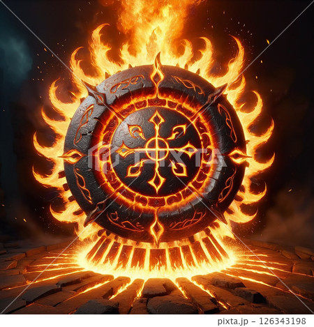 Glowing rune-inscribed stone shield surrounded...のイラスト素材 [126343198 ...