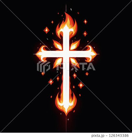 Fiery cross adorned with flames and sparkling...のイラスト素材 [126343386] - PIXTA