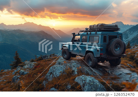 Rugged 4x4 stands on a high ridge at dawn,...のイラスト素材 [126352470] - PIXTA
