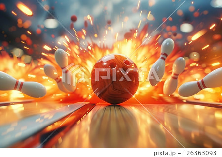 Bowling hit with fire sparks explosion. Concept...のイラスト素材 [126363093 ...
