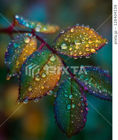 Vibrant Colorful Leaves with Dew Drops Close Upのイラスト素材 [126404539] - PIXTA
