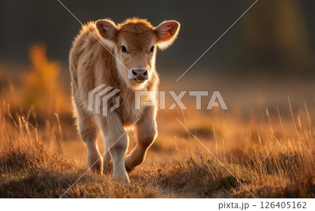 Young Brown Calf Walking in a Golden Hour Fieldのイラスト素材 [126405162] - PIXTA