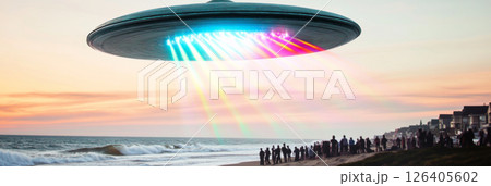 Alien mothership floating above quiet coastal...のイラスト素材 [126405602] - PIXTA