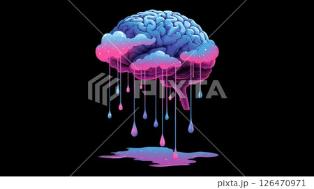 Colorful brain with clouds and dripping raindrops.のイラスト素材 [126470971 ...