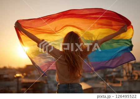 Joyful Individual Drapes Pride Flag Over...のイラスト素材 [126495522] - PIXTA