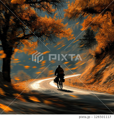 A cyclist pedals along a scenic autumn road...のイラスト素材 [126501117] - PIXTA