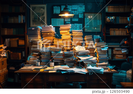 Cluttered desk piled high with paperwork and...のイラスト素材 [126503490] - PIXTA