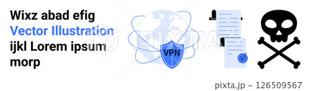 VPN shield with globe, data documents, skull...のイラスト素材 [126509567] - PIXTA