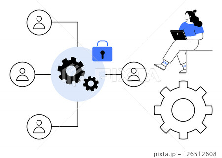 Woman with laptop overseeing gears connected to...のイラスト素材 [126512608 ...