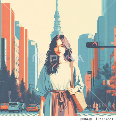 Stylized Tokyo Street Scene in Urban Japan...のイラスト素材 [126525224] - PIXTA