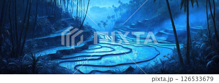 Serene Blue Rice Terraces Night Scene Tranquil...のイラスト素材 [126533679 ...