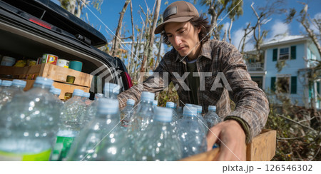 Man unloading water bottles and supplies from...のイラスト素材 [126546302] - PIXTA