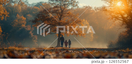 A man and two children standing under a tree in...のイラスト素材 [126552567 ...