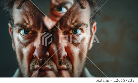Intense man's face, split mirror lighting effect.のイラスト素材 [126557235 ...