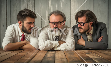 Three businessmen pondering over a table.のイラスト素材 [126557284] - PIXTA