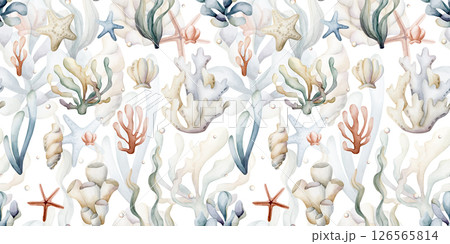 Sea plants. Seaweeds coral shells. Watercolor...のイラスト素材 [126565814] - PIXTA