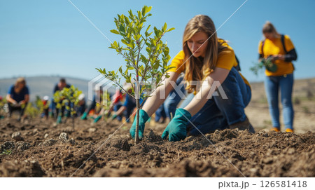 Community tree planting initiative local park...のイラスト素材 [126581418] - PIXTA