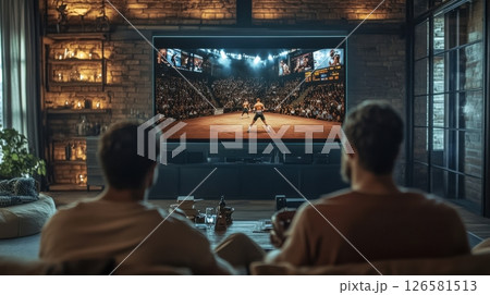 Intense sports action on tv living room movie...のイラスト素材 [126581513] - PIXTA