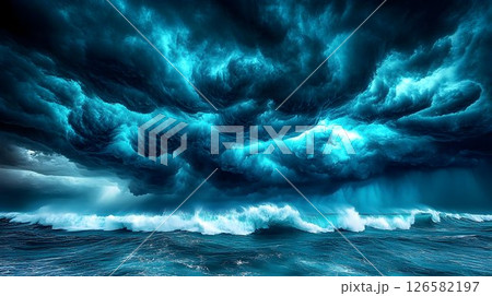 Dramatic turquoise storm clouds over turbulent...のイラスト素材 [126582197 ...