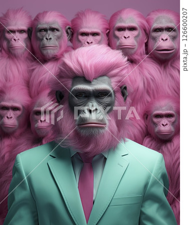Monkey with pink hair wearing a pastel colored...のイラスト素材 [126600207 ...