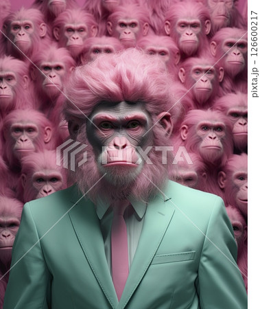 Monkey with pink hair wearing a pastel colored...のイラスト素材 [126600217 ...