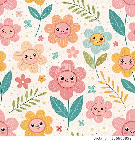 Cheerful Cartoon Flowers Seamless Pattern Designのイラスト素材 [126600958] - PIXTA