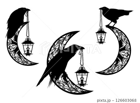 black magic raven birds sitting on moon...のイラスト素材 [126603068] - PIXTA