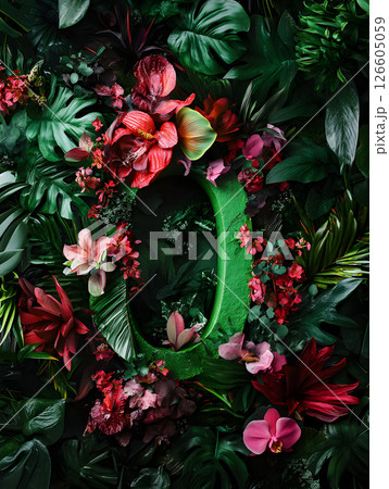 Floral tropical letter O with palm leaves and...のイラスト素材 [126605059] - PIXTA