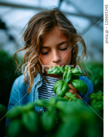 Young child smelling basil leaves in a bright...のイラスト素材 [126605348] - PIXTA
