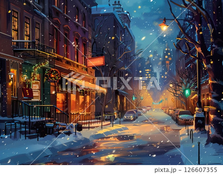 A snowy street scene at night with glowing...のイラスト素材 [126607355] - PIXTA